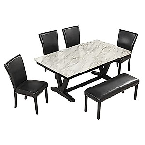 Goozio 6-Piece Set,Faux Marble Table, 4 Upholstered PU Leather Chair, 1 Bench for Dining Living Room,Black, OneSize