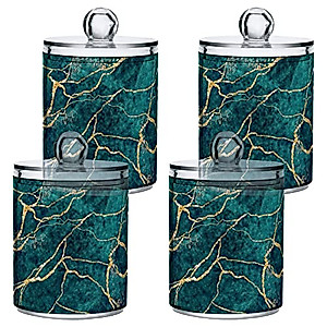 xigua 4 Pack Gold Green Marble Apothecary Jars with Lid, Qtip Holder Storage Containers for Cotton Ball, Swabs, Pads, Clear Plastic Canisters for Bathroom Vanity Organization (10 Oz)