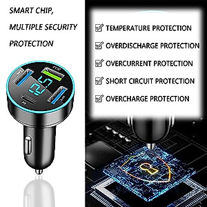 4-Port USB Car Charger,Car Charger Adapter Fast Charging Cigarette Lighter USB Charger with Blue LED,2.4A+PD+QC3.0 Ports Car Charger Adapter Compatible with iPhone/Android(QC3.0+2.4A+2.4A+PD)