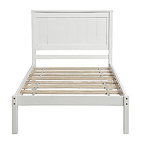 P PURLOVE Twin Size Platform Bed Frame with Headboard, Wood Platform Bed with Slat Support, No Box Spring Needed, White