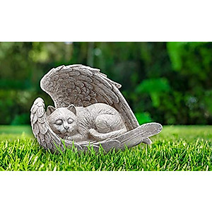 Napco Sleeping Cat Within Angel Wings 8.5 x 5.5 Resin Stone Pet Memorial Figurine, Concrete Grey