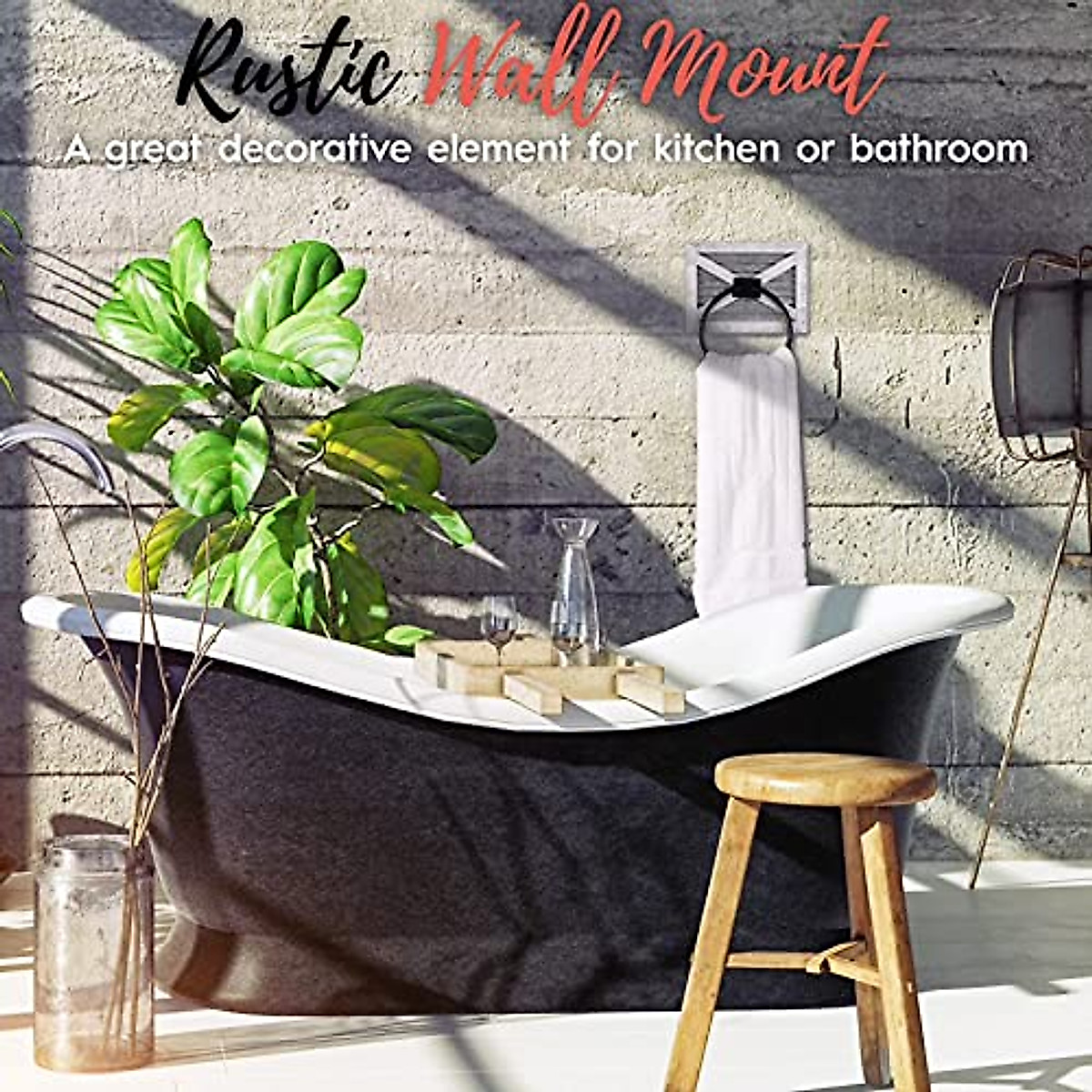 Autumn Alley Barn Door White Bathroom Farmhouse Towel Ring – Wall Mounted Rustic Hand Towel Holder – Mix of Wood and Galvanized Metal & Black Ring for Country Decor – Farmhouse Bathroom Decor