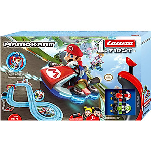 Carrera First Nintendo Mario Kart Slot Car Race Track - Includes 2 Cars: Mario and Luigi and Two-Controllers - Battery-Powered Beginner Set for Kids Ages 3 Years and Up, 20063028