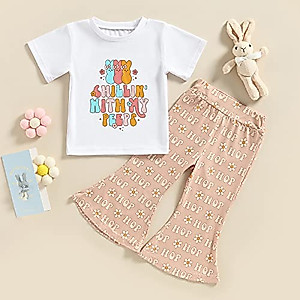 Toddler Baby Girl Easter Outfit Short Sleeve Bunny Rabbit Cotton T-Shirt Casual Floral Bell Bottoms Flare Pants (Khaki,6-12 Months)