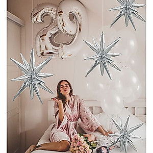 Toniful 4 Pcs 22inch 4D Silver Starburst Cone Mylar Balloons 14Point Star Balloons Explosion Star Foil Balloons for Party Supplies Backdrop Christmas,New Year,Birthday, Wedding,Photo Booth Ornament