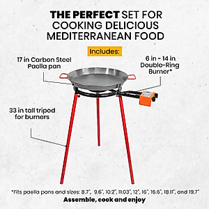 Machika Ibiza Paella Kit with 28-inch Carbon Steel Pan | 8-16 - 24 in Triple Ring Paella Burner and Stand Set (34 in) | Perfect for Gastronomic Events, Caterings, Camping | 25 Servings |
