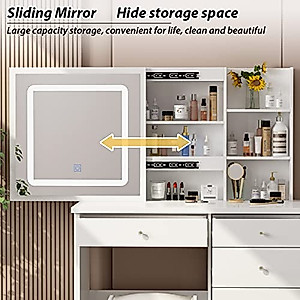 AIEGLE Large Vanity Desk Set with Sliding Lighted Mirror, Makeup Dressing Table with Hidden Shelves & Cushioned Stool, White - Sliding Lighted Mirror