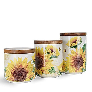 Sunddo Sunflower Ceramic Canister Sets for Kitchen Counter,Tea Coffee Sugar Canister Set with Bamboo Lid Set of 3