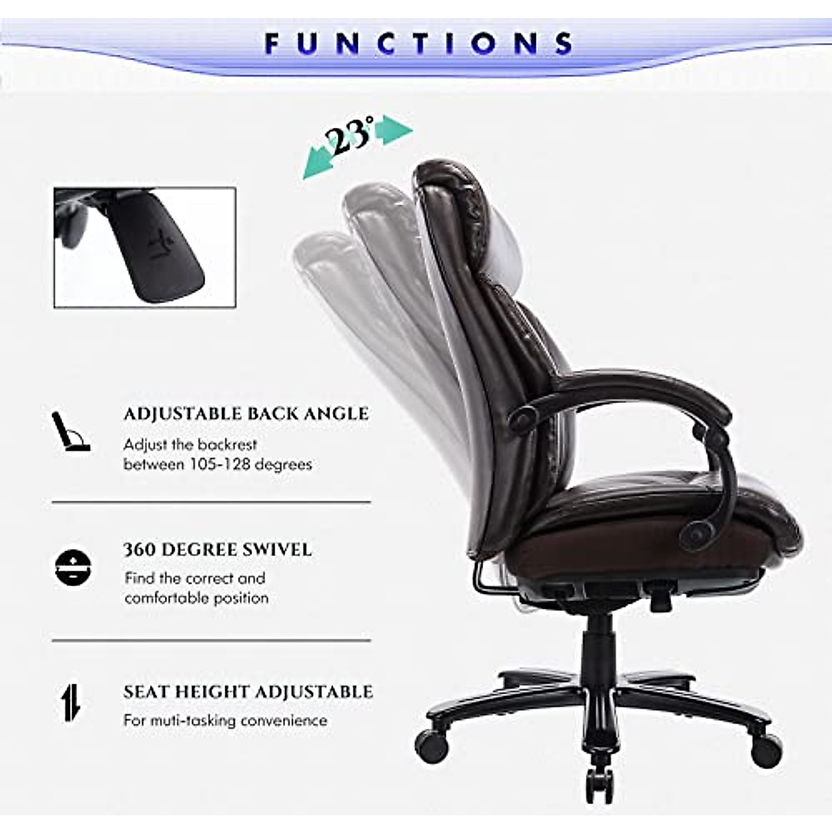 COLAMY Office Chair Big and Tall 400LBS-Thick Bonded Leather for Lumbar Support and Comfort, Hidden Footrest for Adult Work, Gaming, Study, Relax (Brown)