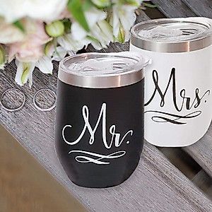 Mr and Mrs Wedding Gift Box Set for Bride & Groom - 12 oz Stainless Steel Wine Tumbler/Cup/Mug/Honeymoon/Bridal Shower/Bride to be/Engagement/Bachelorette Party for Newlyweds Couples/Husband and Wife