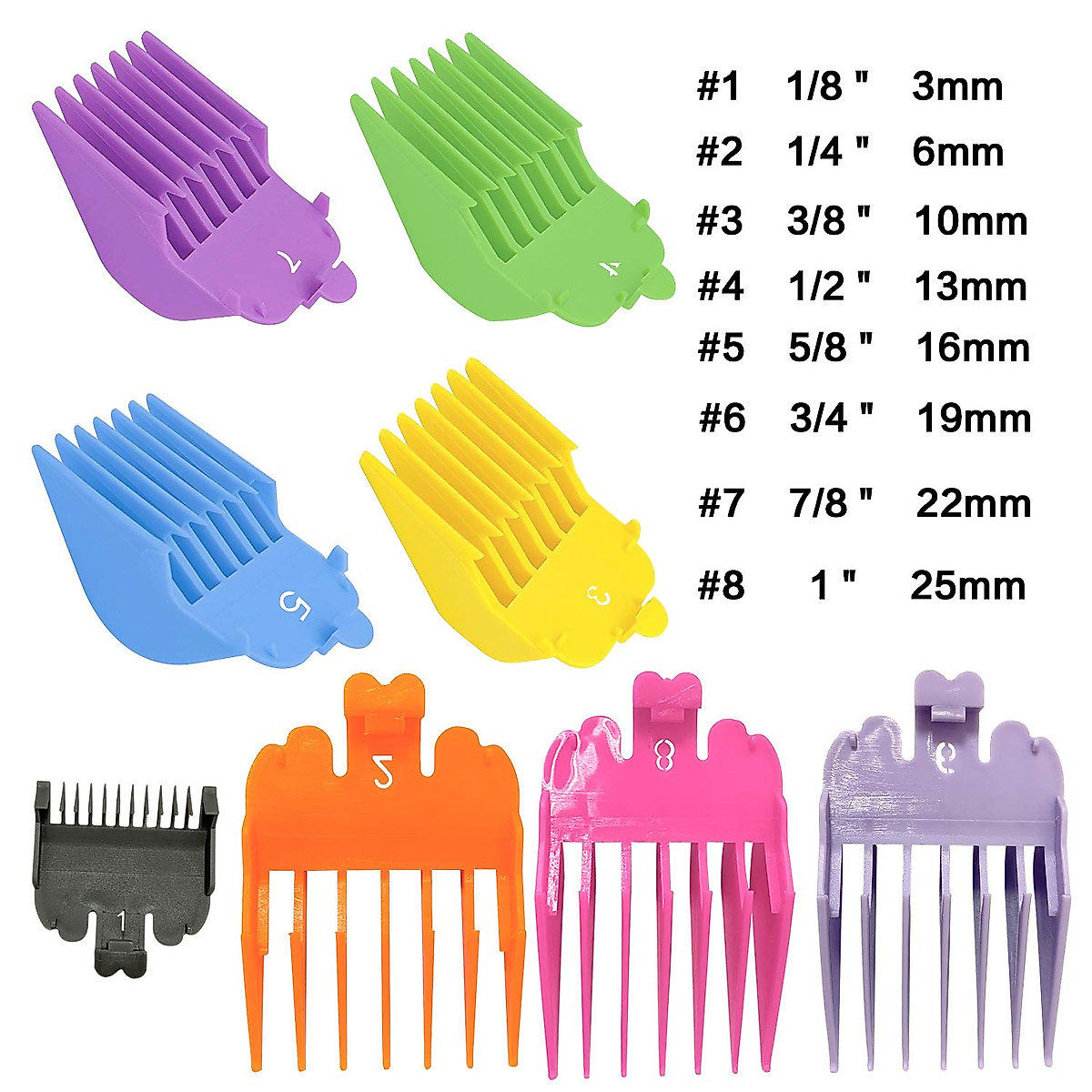 8 Color 8 Length Professional Hair Clipper Guide Combs, Replacement Guards Set, Attachment Guide Combs, Great Fits for All Full-Size Wahl Clippers/Trimmers