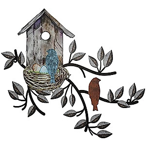 Peryiter Birds Wall Decor Metal Bird Decor for Wall Outdoor Bird Wall Art Hanging Metal Tree with Birdhouse for Living Room Metal Tree Leaf Wall Decor for Indoor Outdoor Garden (Brown)