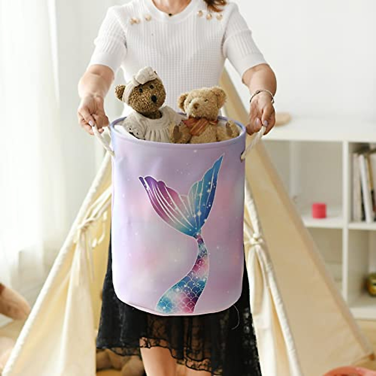 INough Baby Laundry Hamper Fabric Storage Basket Round Laundry Basket for Girls Collapsible Laundry Baskets with Drawstring Closure, Mermaid Room Decor for Girls Room, Laundry (Mermaid Tail)