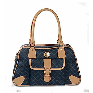 Rioni Signature STA-20017 Navy Satchel Organizer Canvas Leather Handbag Shoulder Bag