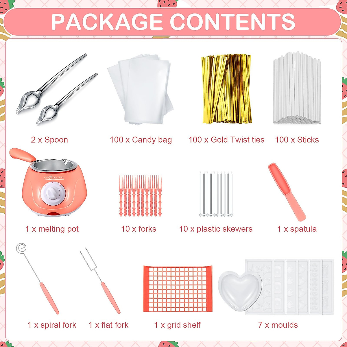 Umigy Electric Melting Chocolate Pot Gift Set Mini Fondue Fountain Pot Kit Chocolate Melting with DIY Mold and Accessories for Candy Chocolate Milk Cheese Candy Home (Pink, Fresh)