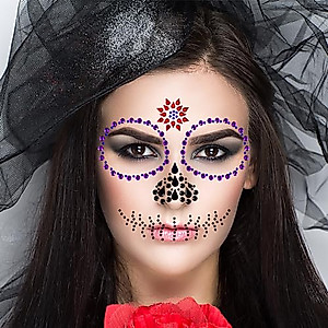 2 Pack Day Of The Dead Skull Temporary Rhinestone Face Tattoo,Face Stickers Gems Jewels for Halloween