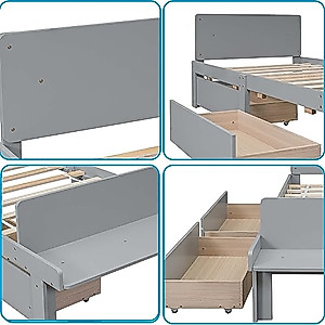 Novaris Twin Size Pine Platform Bed Frame with 2 Drawers, Modern Classic Platform Bed with Headboard/Storage Footboard Bench/Wood Slats/Easy Assemble for Bedroom Girls Boys (Twin, Gray)