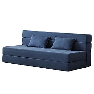Kaxiti Folding Sofa Bed, 3-in-1 Convertible Sleeper Chair with Pillow, Linen Foldable Mattress Futon, Memory Foam Floor Couch for Living Room/Dorm/Guest Room/Home Office/Bedroom, Queen, Navy Blue