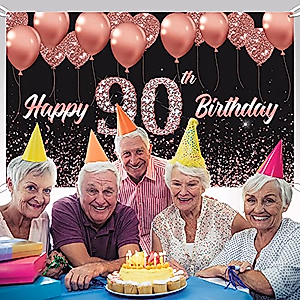 Vlipoeasn 90th Birthday Decorations for Women Rose Gold 90th Birthday Backdrop Banner Happy 90th Birthday Party Supplies Cheers to 90 Years Birthday Decoration (72.8 x 43.3 Inch)