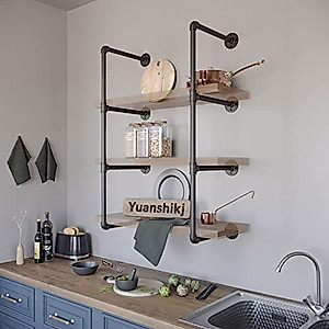 Yuanshikj 2Pc (42" Tall) (12" deep) Industrial Wall Mount Iron Pipe Shelf Shelves Shelving Bracket Vintage Retro Black DIY Open Bookshelf DIY Storage offcie Room Kitchen (2 Pcs 4Tier Hardware Only)