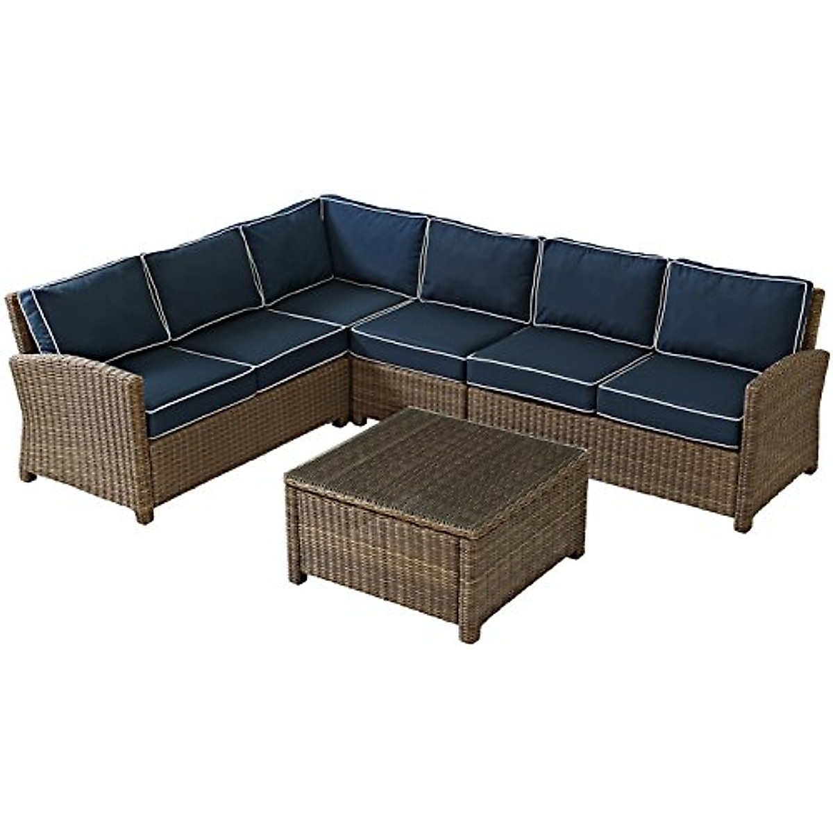 Crosley Furniture Bradenton 5-Piece Outdoor Sectional Sofa Wicker Conversation Patio Furniture Set for Deck, Brown with Navy Cushions