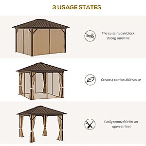 Outsunny 10' x 12' Hardtop Gazebo Canopy with Galvanized Steel Roof, Aluminum Frame, Permanent Pavilion with Top Hook, Netting and Curtains for Patio, Garden, Backyard, Deck, Lawn, Brown