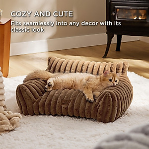 Bedsure Cute Cat Couch for Pets - Fluffy Cat Sofa with Premium Soft Corduroy Fleece, Fuzzy Cat Couch Bed with Removable Washable Cover, Supportive Cat Chair for Indoor Cats, 24inch, Copper Brown