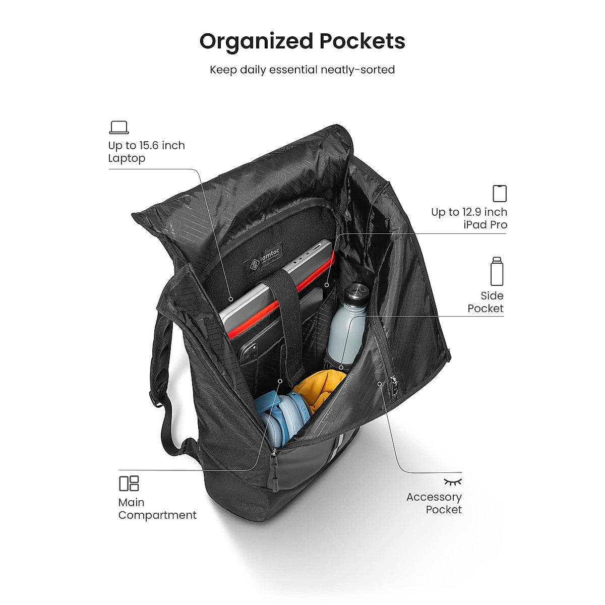 tomtoc Flap Laptop Backpack, Water-Resistant Durable Travel Backpack Rucksack for 13-16 Inch MacBook/15.6 Inch Notebook, Large Capacity Daypack for Work, School, Commuting, Weekend Holiday, 17L, Black