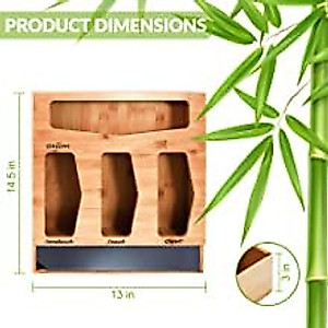 JMJ Ziplock Storage Bag Organizer for Kitchen Drawer, Pantry, Countertop. Bamboo Dispenser Fits Gallon, Sandwich, Quart, Snack. Fits 12" Foil or Plastic Wrap Roll