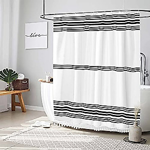 Seasonwood Black and White Shower Curtain with Tassels,Farmhouse Fabric for Bathroom,Heavy Weighted, 72 x 72