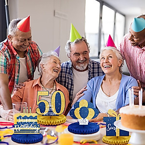 Spakon 8 Pieces 50th Birthday Decorations Glitter 50th Happy Birthday Honeycomb Centerpieces for Tables Fifty Years Blue and Gold Party Decorations Men and Woman Birthday Decorations