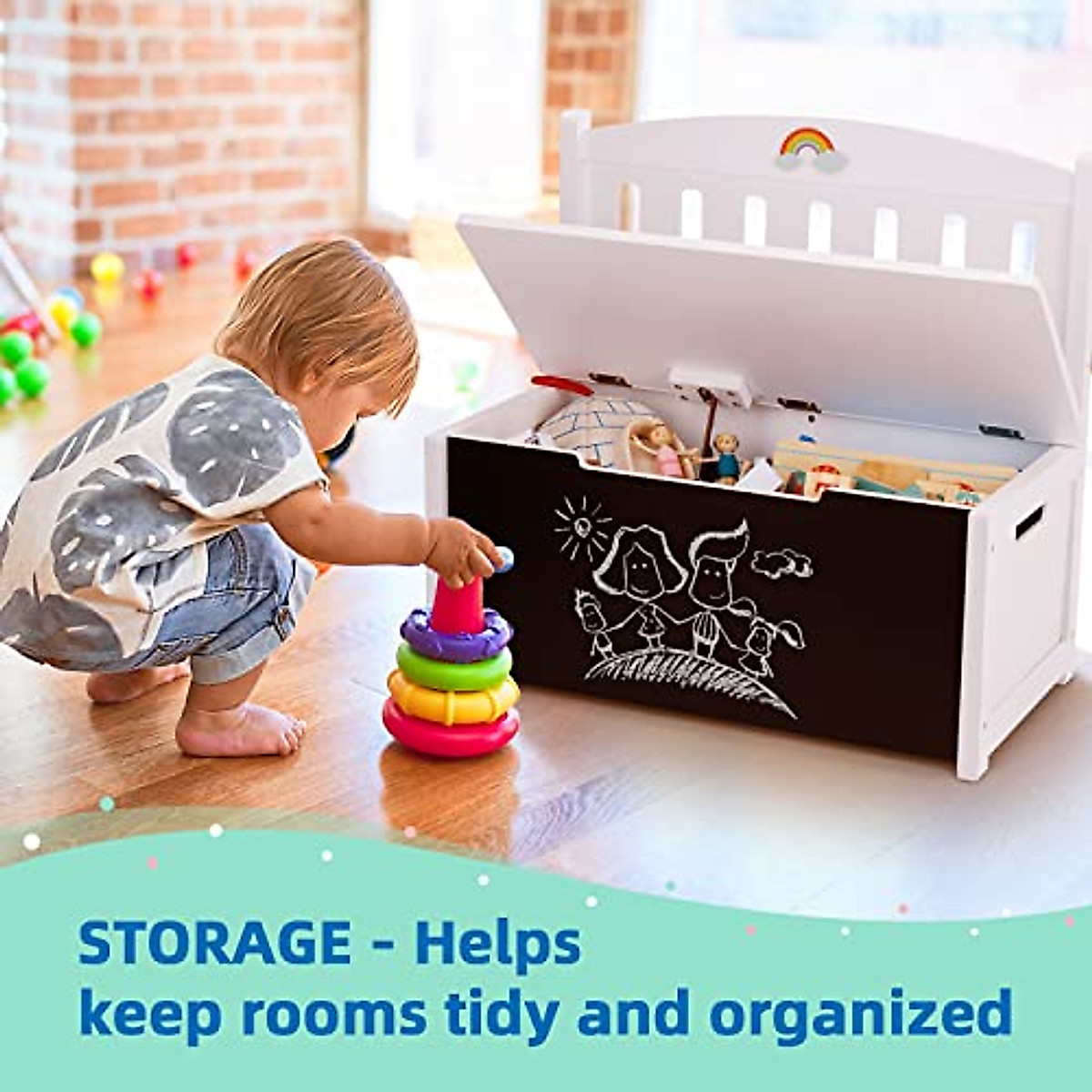 TOOKYLAND Toy Chest with Safety Hinged Lid, Wooden Toy Organizers and Storage with Blackboard, Seating Bench, Personalized Stickers