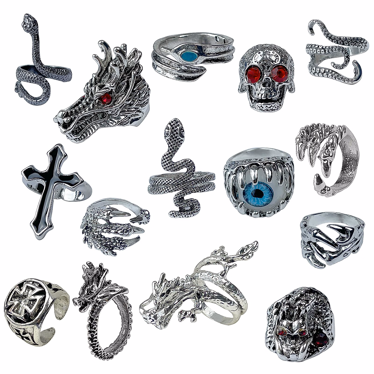 Gothic Ring 15Pcs Vintage Punk Rings for Men Women Snake Ring Dragon Open Rings Set Knuckle Stacking Ring Boho Finger Knuckle Rings