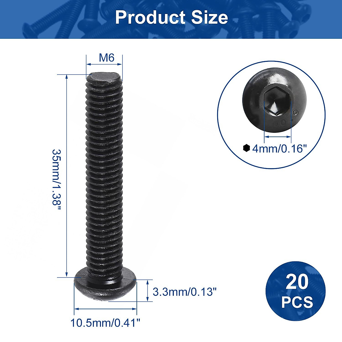 MroMax 20Pcs M6 x 35mm Button Head Socket Cap Bolts Screws, Alloy Steel 10.9 Grade, Allen Socket Drive, Black Oxide Finish, Fully Machine Thread