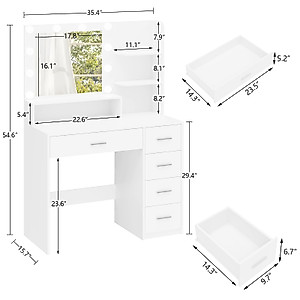 FGNTWP Makeup Vanity Desk with Mirror, 10 Lights, 5 Drawers, 3 Storage Shelves, 3 Color Modes & Adjustable Brightness Dressing Table, 35.4” Desk, White