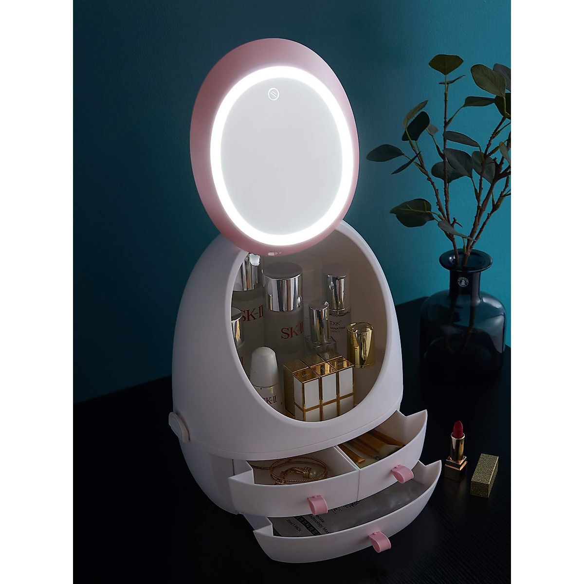 Sooyee Makeup Organizer,Bathroom Counter Organizer, Modern Jewelry and Cosmetic Display Cases with Led Lighted Mirror,Make Up Organizer Stands for Bathroom, Dresser, Vanity Countertop