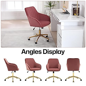 KCC Velvet Home Office Desk Chair with Gold Base, Modern Height Adjustable 360° Swivel Upholstered Vanity Chairs with Arms for Living Room Bedroom, Rose