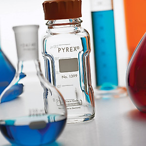 Pyrex Round Media Storage Bottle with GL45 Screw Cap - Borosilicate Glass Bottles with Caps - Premium Scientific Glassware for Labs, Classrooms or Home Use Glass Container, 250mL, 2/Pk