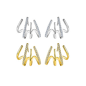 Claw Earring Cuff Zircon Needle Quartet Earrings for Women Cool CZ Stud Huggie illusion Earrings Minimalist Luxury Trendy Ear Wrap Cuffs Piercing Hoop Ear Jewelry for Prom (Crystal)