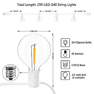 25Ft LED Outdoor String Lights Christmas, G40 Globe Patio String Lights Waterproof with 27 Shatterproof LED Bulbs, Hanging Christmas Decorations Lights for Backyard Porch Garden Bistro Party- White