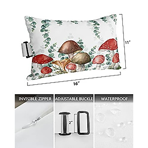 Recliner Head Pillow Ledge Loungers Chair Pillows with Insert Farmhouse Eucalyptus Leaves and Red Mushroom Lumbar Pillow with Adjustable Strap Outdoor Waterproof Patio Pillows for Beach Pool, 2 PCS