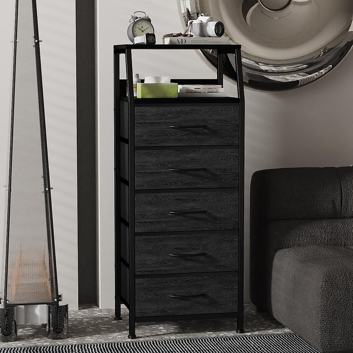 Black Dresser for Bedroom, Storage Organizer with 5 Drawers, Vertical Fabric Storage Tower, Clothes Closet Units for Kids Room, Entryway, Nightstand Bedside Table, Sturdy Steel Frame & Wooden Top