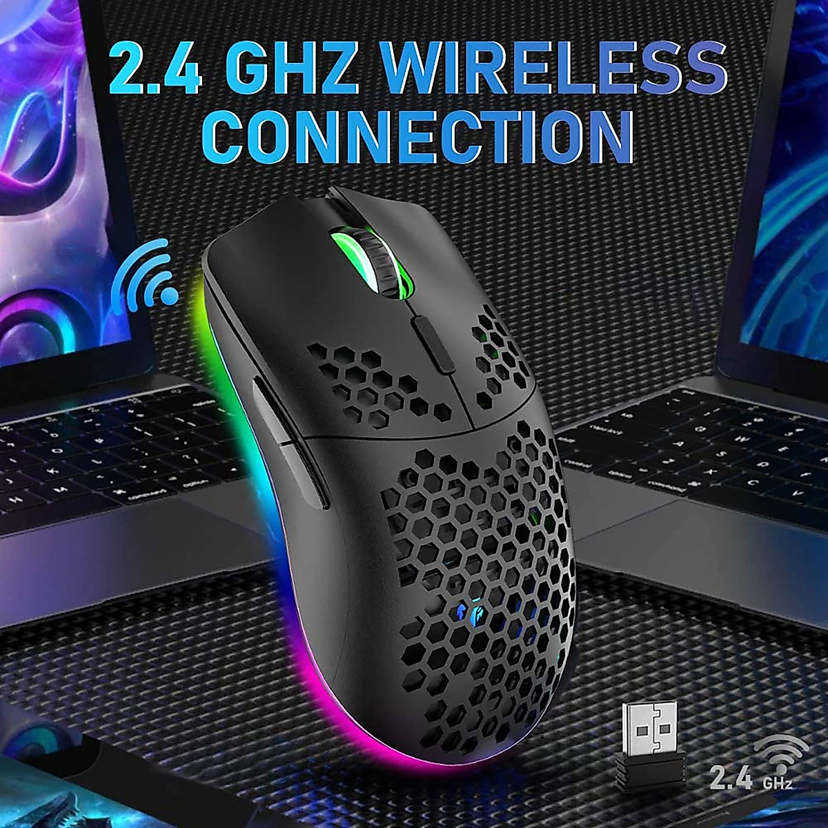 RGB Wireless Gaming Mouse,Ultra-Lightweight Honeycomb Shell Mice with 2.4G Wireless Rechargeable,RGB Spectrum Backlit,7 Buttons,3200DPI,Ergonomic Long Battery Life for PC,Xbox,PS4 Gamers(Black)