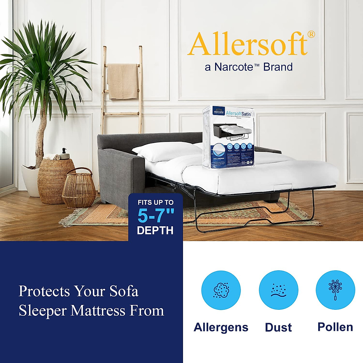Allersoft| Queen Sleeper Sofa Mattress Cover with Secure Locking Zipper. Creates a Natural Seal On All Sides of Your Pull-Out Sofa Mattress from Liquids, Dust, Pet Dander, Pollen-60x72 (Fits 4-7 Deep)