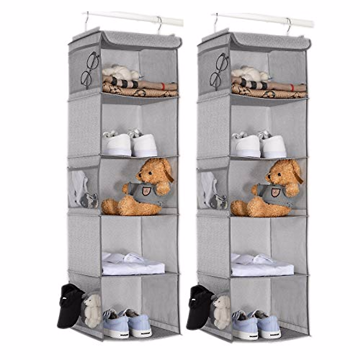 BrilliantJo 5 Shelves Hanging Closet Organizer, 2 Pack Hanging Storage with 6 Side Pockets for Clothes Bags, 43"x12"x12"(Light Gray)