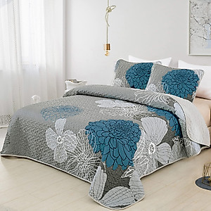 Floral Quilt Set Queen Blue Boho Bedspread 3 Pieces Soft Lightweight Coverlet with 2 Pillow Shams for All Season 96"x90"