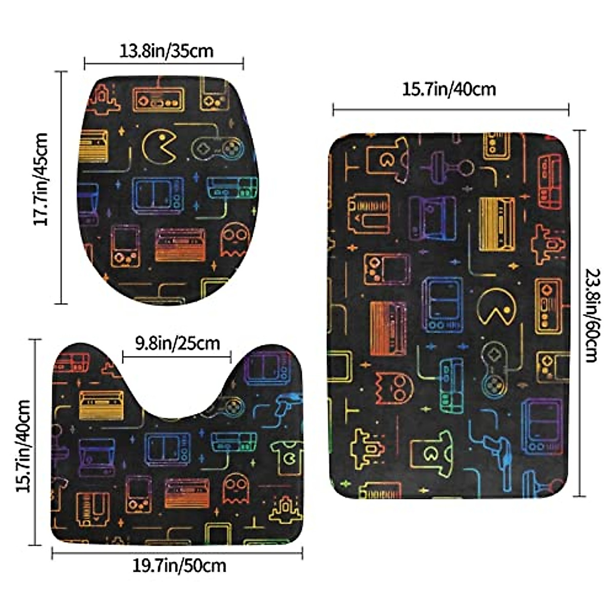 3 Pieces Bathroom Rugs Set Game Video Gaming Pattern Print 3 Pieces Bathroom Rugs Set Bath Mat+Contour+Toilet Lid Cover Bathroom Antiskid Pad