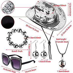 Alabelleza 5pcs Disco Ball Cowboy Hat Mirror Ball Cowboy Hat Sparkling Silver Cowgirl Hat for Women with Necklace, Earrings, Bracelet, Sunglasses