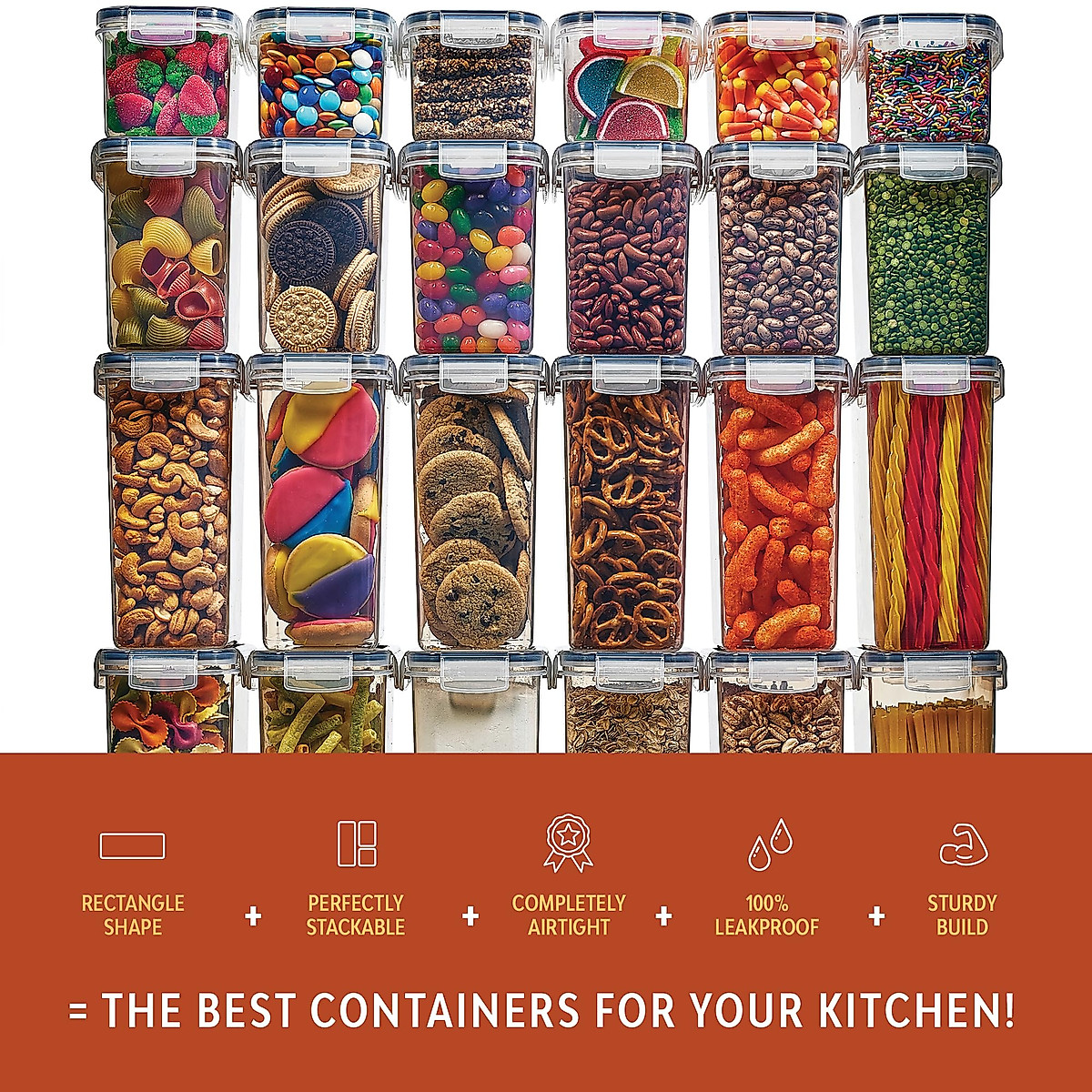 24 Pack Airtight Food Storage Container Set - BPA Free Clear Plastic Kitchen and Pantry Organization Canisters with Durable Lids for Cereal, Dry Food Flour & Sugar - Labels, Marker & Spoon Set