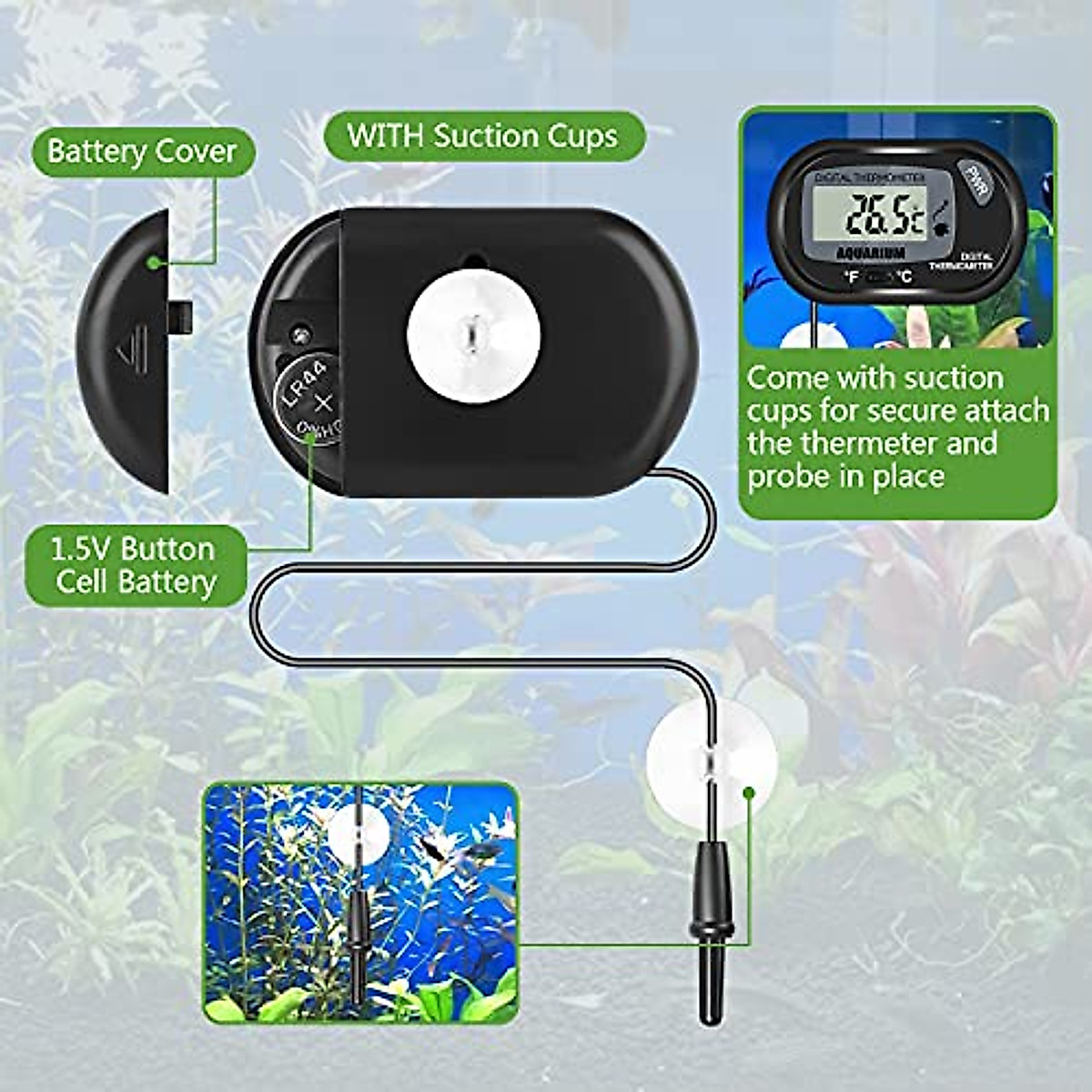 Thlevel LCD Digital Aquarium Thermometer, Fish Tank Thermometer with Water-Resistant Sensor Probe and Suction Cup for Reptile, Turtle Incubators, Terrarium Water Thermometer (4)